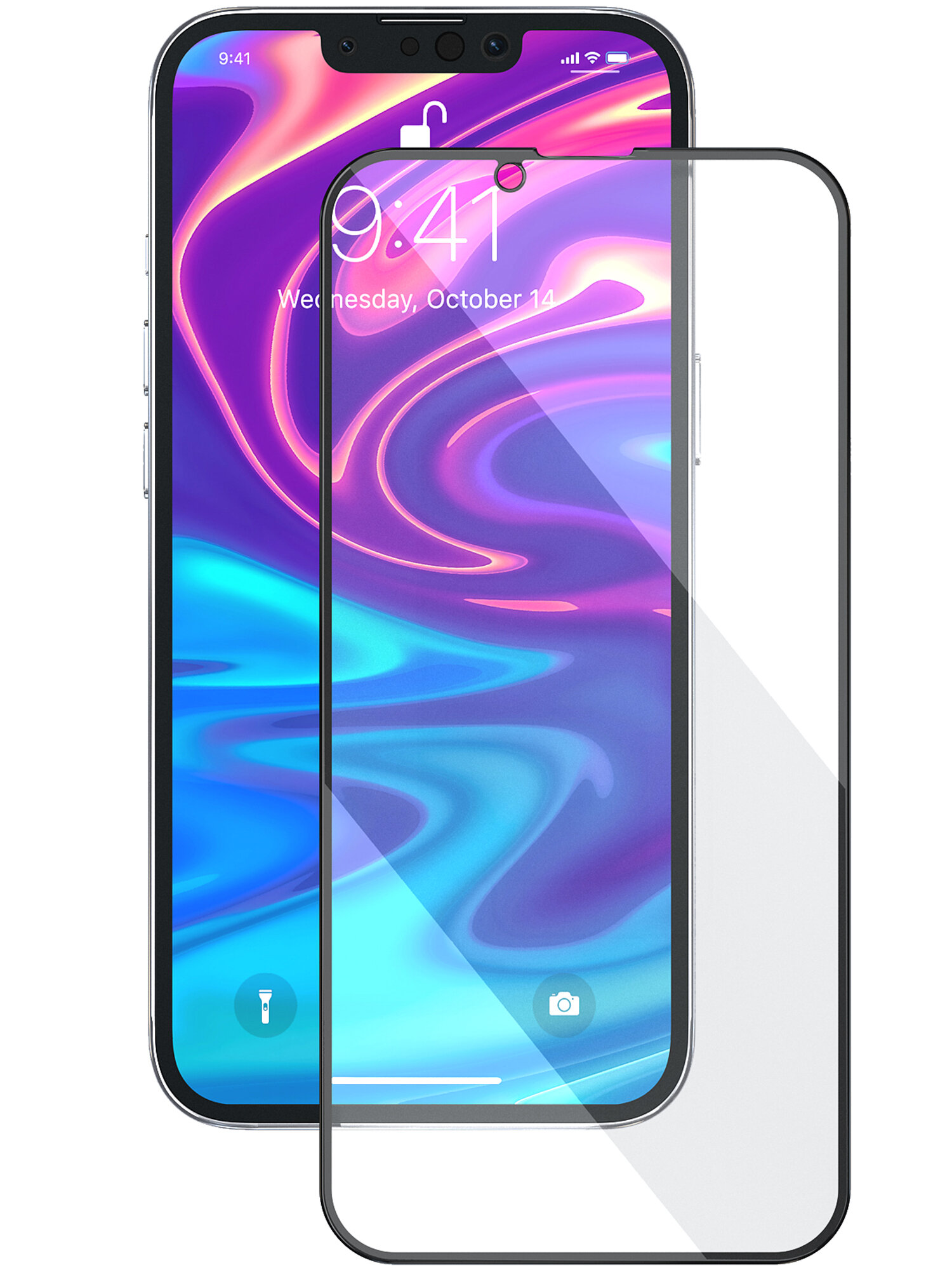Защитное стекло на Айфон 13, 13 Про / iPhone 13, 13 Pro глянцевое, олеофобное, с черной рамкой, 3D