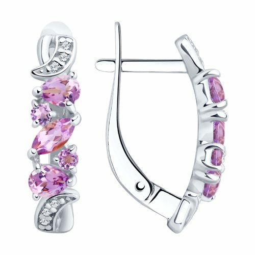 Серьги, серебро, 925 проба, родирование, аметист, фианит