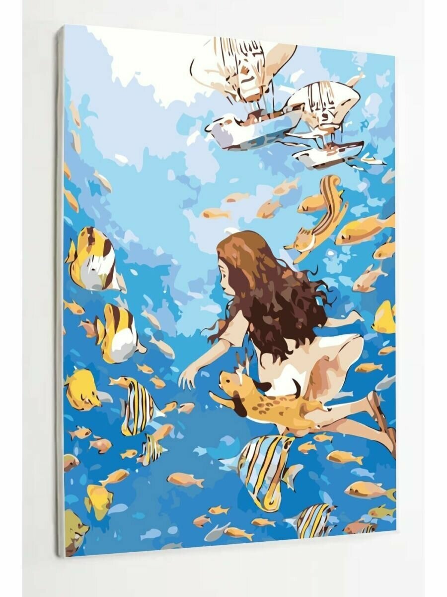 Картина по номерам на холсте с подрамником, Девочка в подводном мире с рыбами, 40х50 см