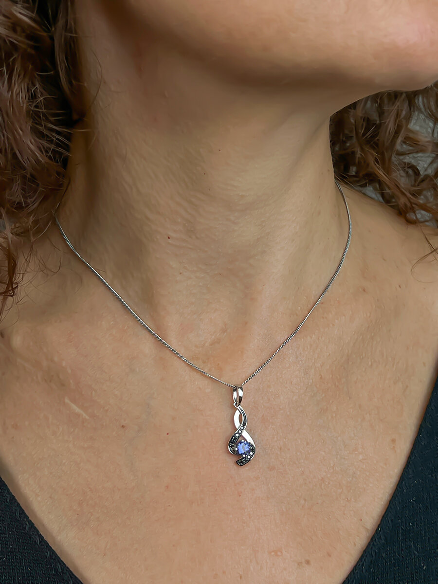 Подвеска, белое золото, 375 проба, родирование, бриллиант, танзанит