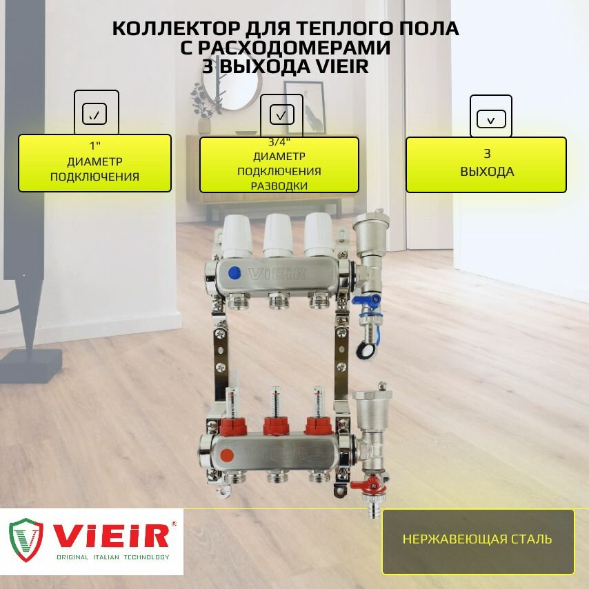 Коллекторная группа с расходомерами 3 выхода ViEiR, нержавейка
