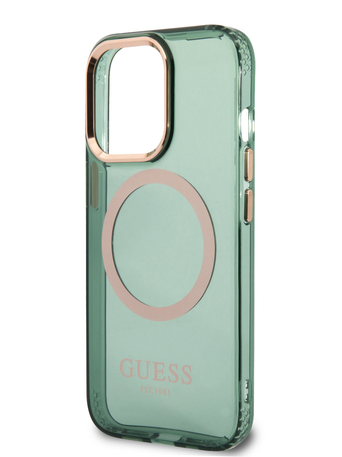Guess для iPhone 13 Pro чехол PC/TPU Metal outline Hard Translucent Green/Gold (MagSafe)
