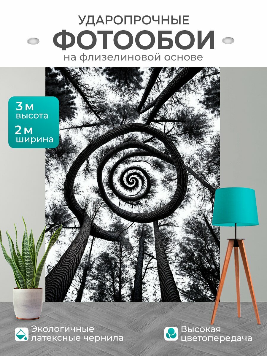 Фотообои моющиеся ударопрочные "Фотообои лес в стиле черно-белый: агрессивные линии деревьев, стянутые в спираль, создающие динамичную композицию" 200x300 см. флизелиновые на стену