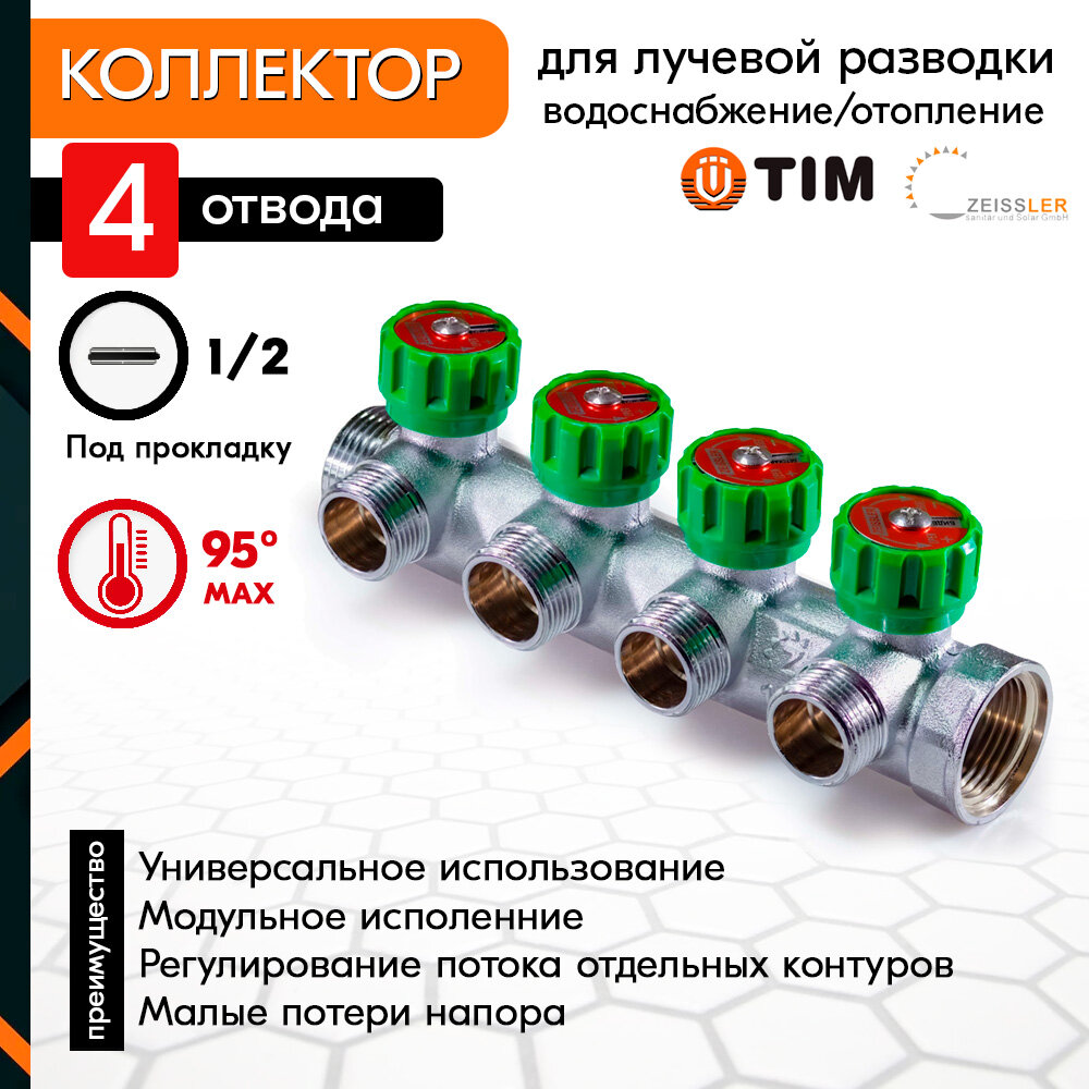 Коллектор регулирующий под плоскую прокладку 3/4х1/2 - 4 отвода ZEISSLER ZSc.401.0504NF