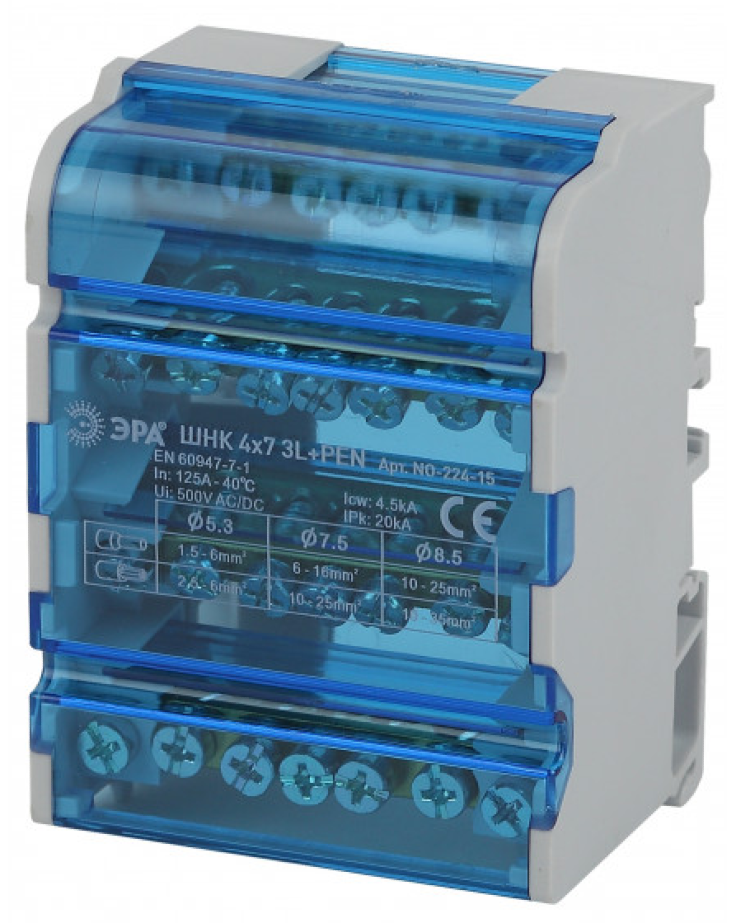 Шина ЭРА NO-224-15, ноль-земля 3L+PEN в корпусе кросс-модуль ШНК 4х7, DIN-рейка латунь, 100А, Б0043933 / соединитель проводов