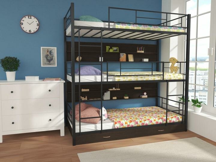 Трехъярусная кровать мебель-друг Валенсия ППЯ, 3 места, с ящиками, цвет черный/венге
