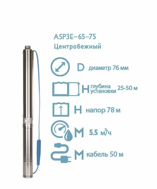 Насос скважинный Aquario ASP3E-65-75 встроенный конденсатор , кабель 50м