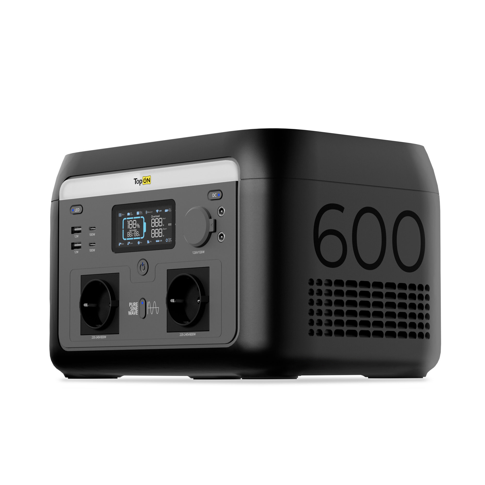 Портативная электростанция TopON TOP-H600 LFP 600Вт, 2 розетки 220В, 2 DC и авторозетка 12.6В, 2 Type-C 100Вт, 2 USB, фонарь, EPS, Wi-Fi Bluetooth