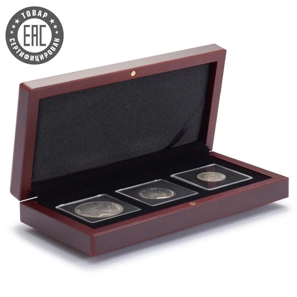 Коробка HMETUIQ/3 деревянная для 3 монет в капсулах Quadrum. Leuchtturm, #339049