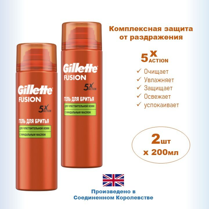 Гель для бритья мужской Gillette Fusion 5 для чувствительной кожи, 2шт х 200 мл