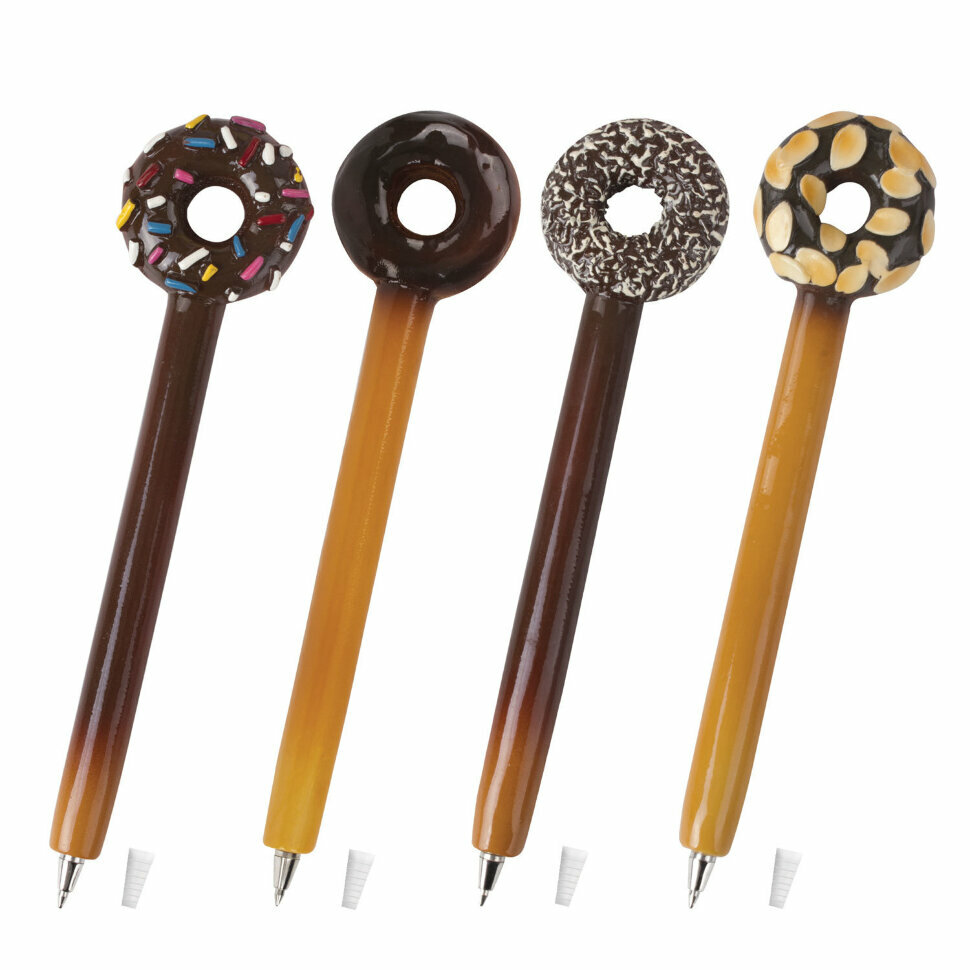 Ручка фигурная "пончики", синяя, 4 дизайна ассорти, линия письма 0,5 мм, дисплей, BRAUBERG, 142759, 12 штук, 142759