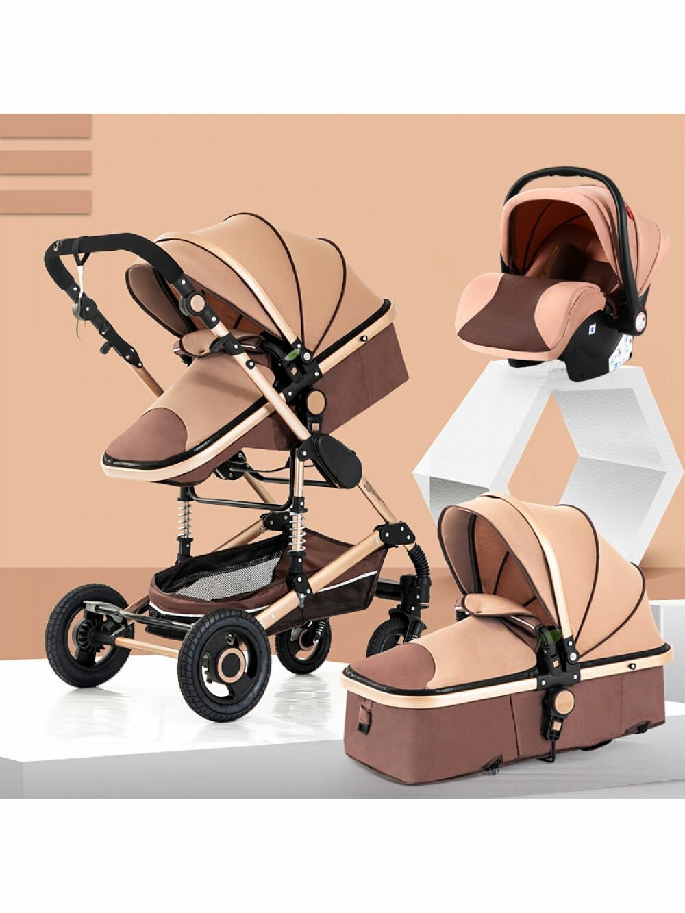 Универсальная коляска 3 в 1 с большими колесами и двойной защитой для новорожденных, легкий механизм складывания, 5 уровней наклона, идеальна прогулок с малышом!
