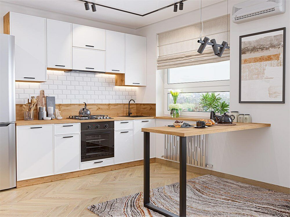 VVT Кухонный гарнитур модульный Фрейм-05, каркас ЛДСП Дуб Вотан, фасад МДФ White Silk, 2340*2400*600