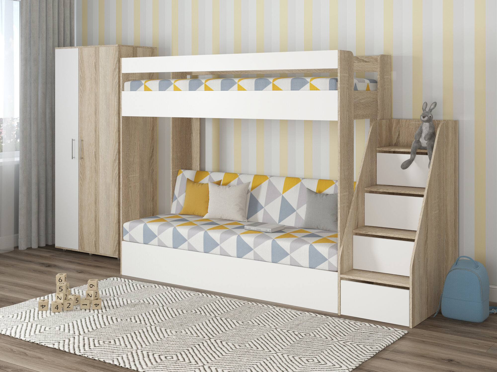 Кровать двухъярусная с диваном и лестницей-комодом Есэндвич new Лаворо (Дуб Сонома/Белый/Otto Yellow)