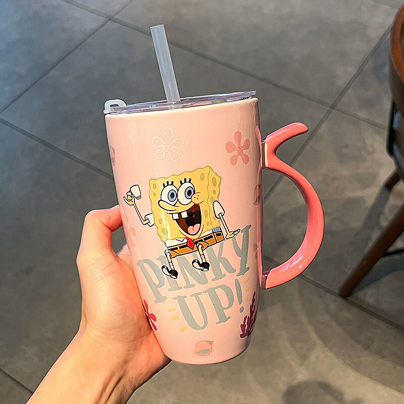 Керамическая кружка с крышкой SpongeBob SquarePants, симпатичная чашка с трубочкой для девочек, высококачественная, большая емкость, домашняя питьевая вода