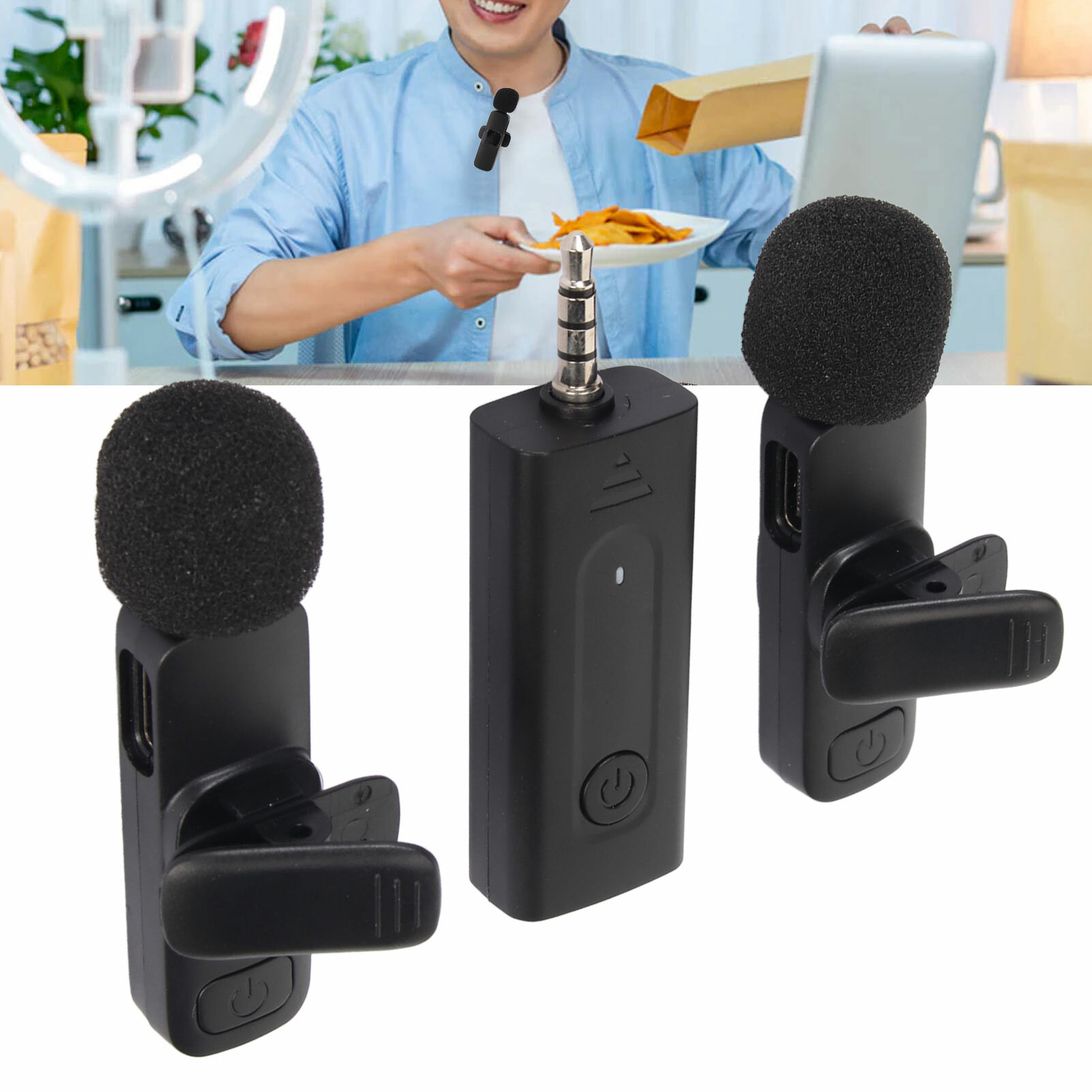 Беспроводной лавальный микрофон 1 для 2 с интерфейсом 3.5мм, шумоподавлением, 2.4GHz, 2 встроенных аккумулятора 80mAh, ABS, передача 9мс, SNR 64дБ, время работы 7ч, зарядка 50мин, диапазон частот 20‑20КГц, для интервью, совещаний, смартфонов, планшетов,