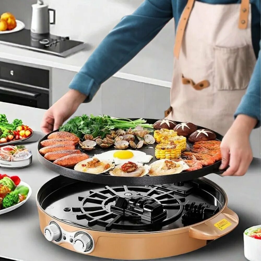 Круглая кастрюля сябу "все в одном" для приготовления барбекю, золотистый, с антипригарным покрытием и бездымный, 2200 Вт