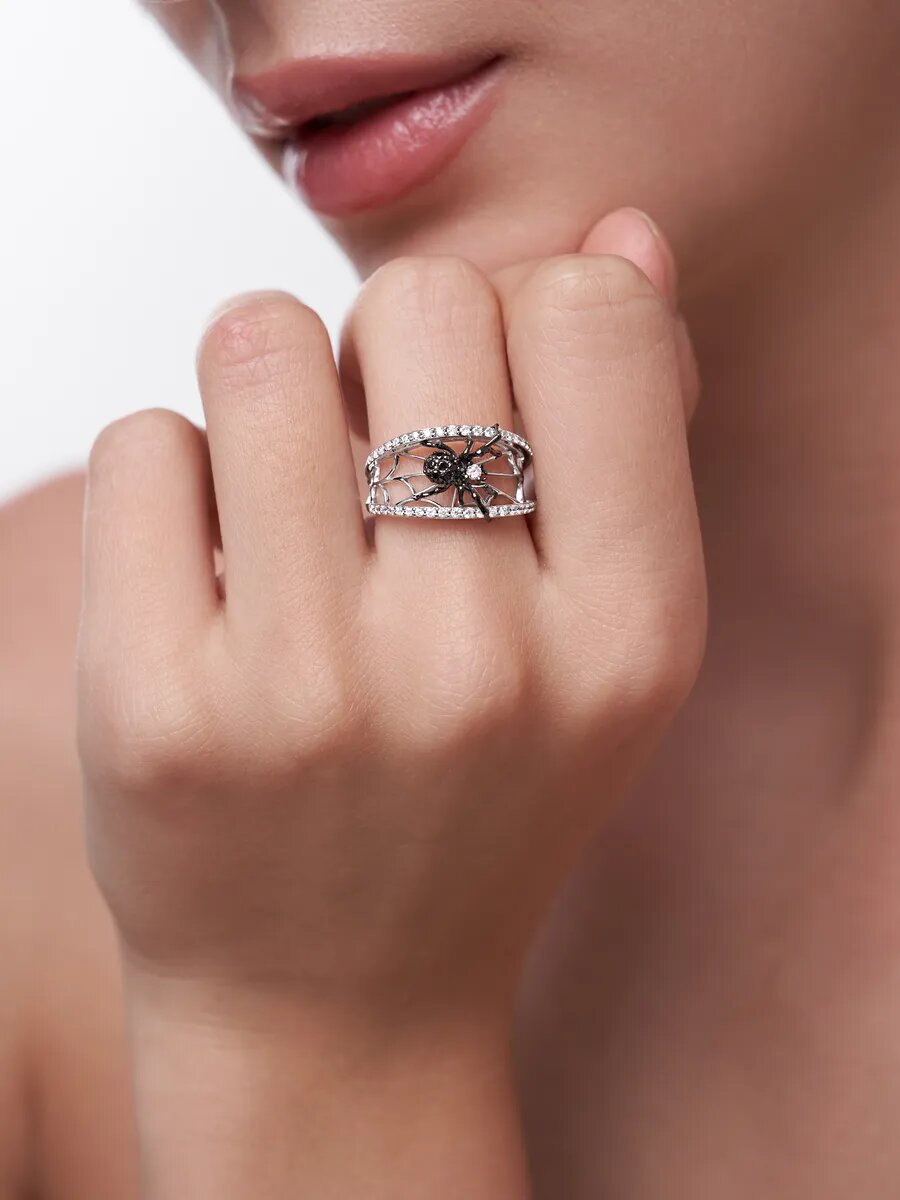 Кольцо, серебро, 925 проба, родирование, фианит, шпинель синтетическая