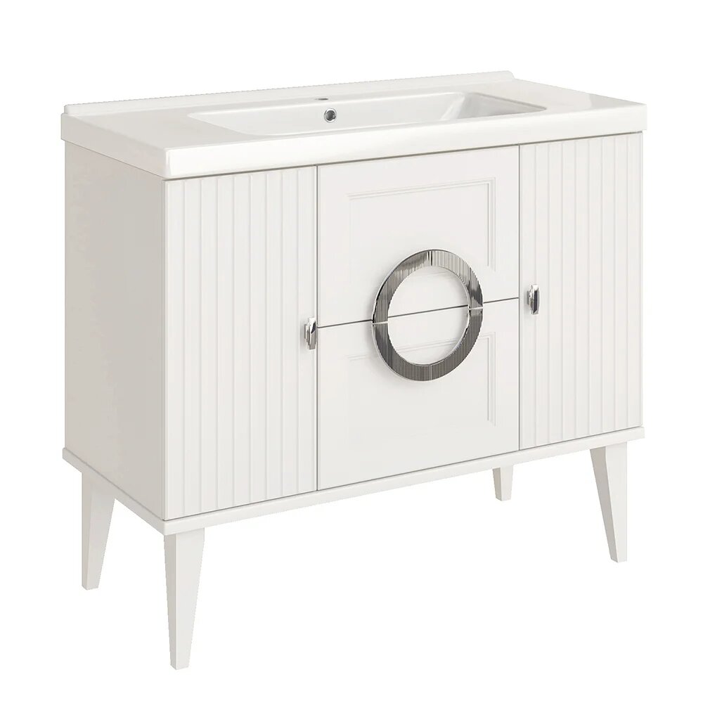 Тумба с раковиной ASB-Woodline Федерика 100 напольная, 100 см, белая, матовая, из МДФ, с ящиками, с дверками, раковина для ванной, фаянсовая, прямоугольная