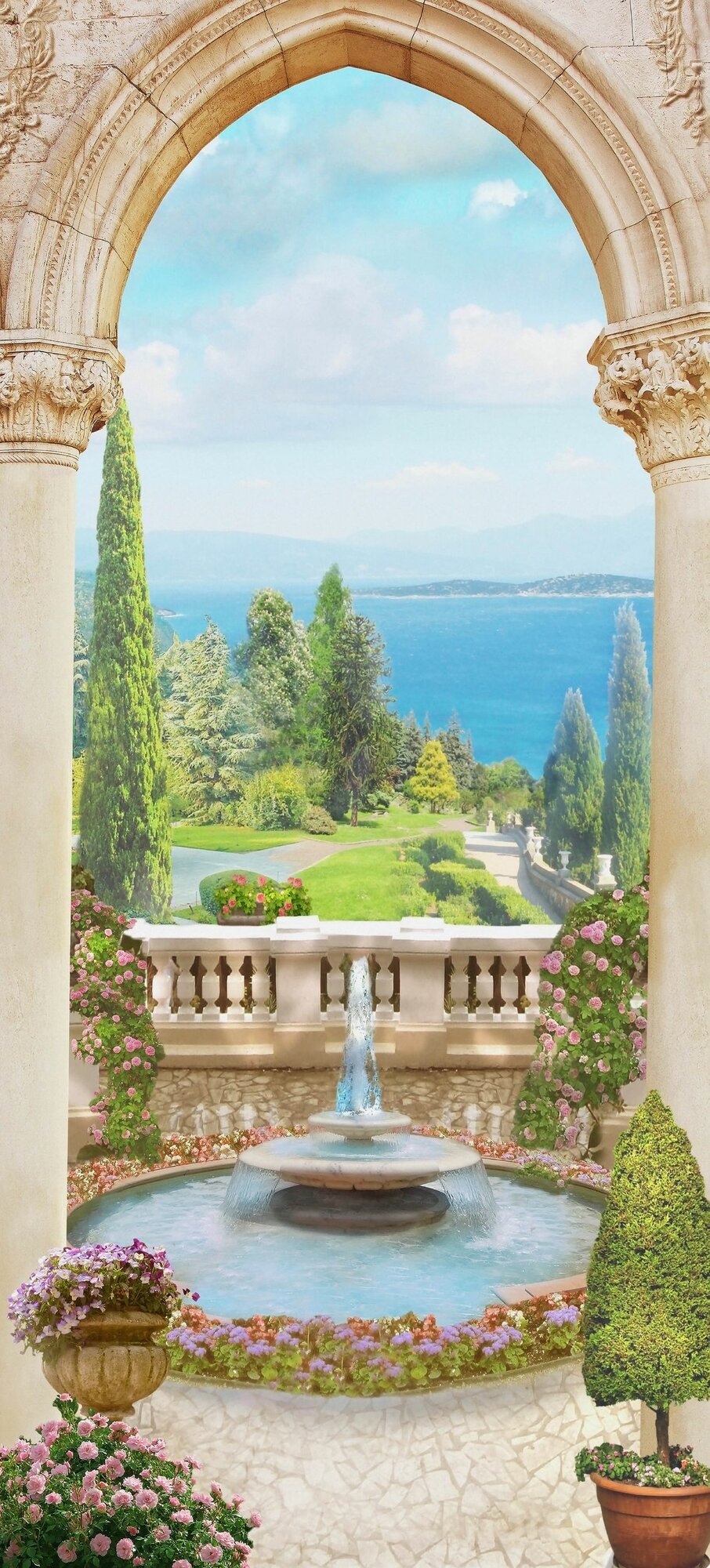 Фотообои Уютная стена "Арка с фонтаном с видом на парк" 120х270 см Виниловые Бесшовные (единым полотном)