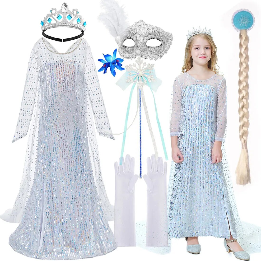 Платье принцессы Эльзы Disney из полиэстера для девочек 3T(TAG110), White Elsa Set 6