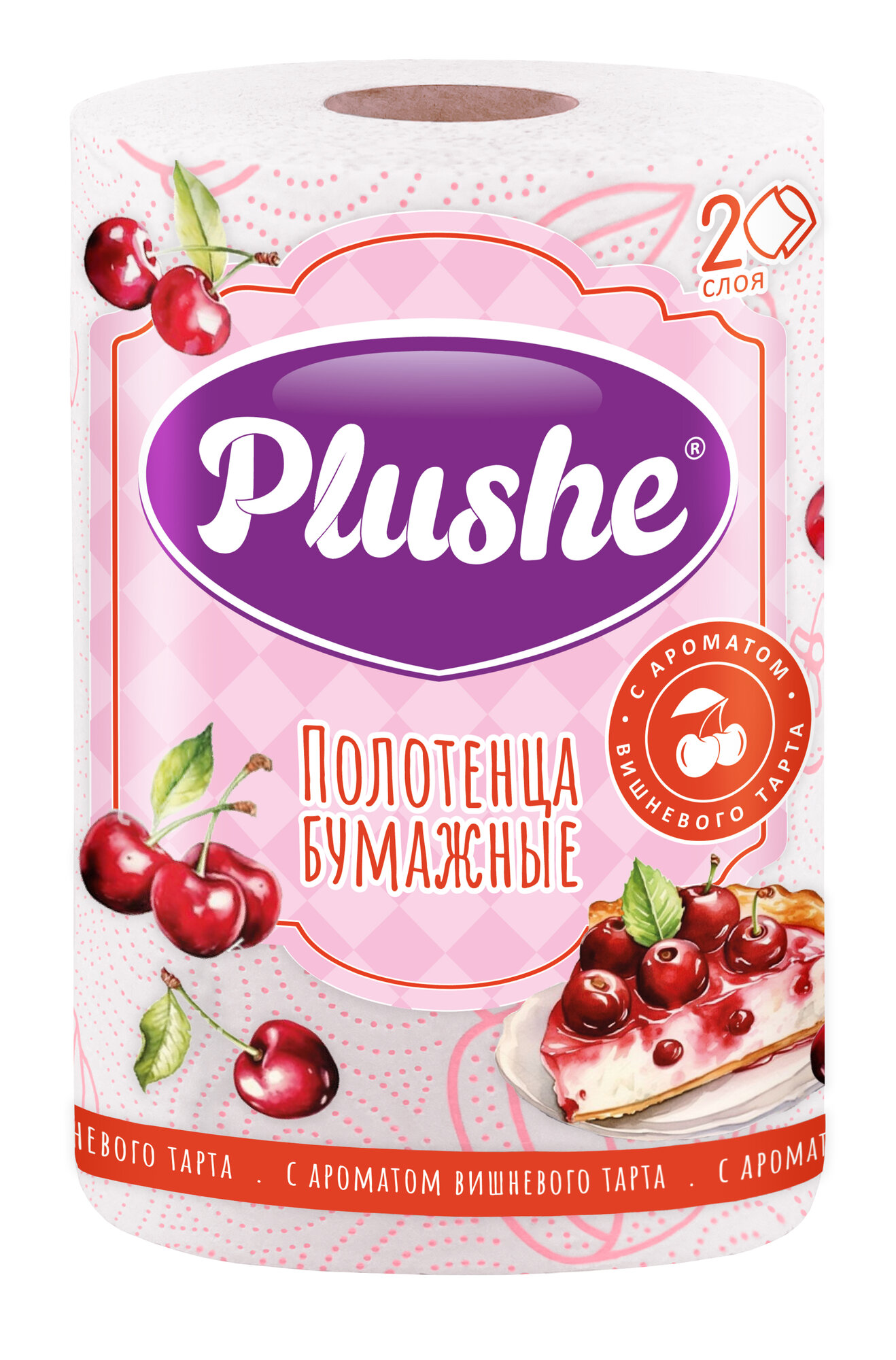 Полотенце бумажное Plushe, с ароматом вишнёвого тарта 2сл, 1рулон,30 м. бел.