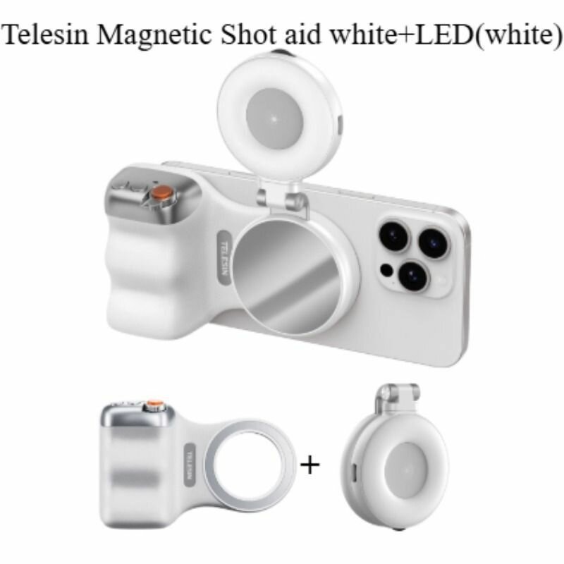 Магнитный держатель для камеры телефона TELESIN Fun Shot white+Fill light(white) , Magnetic Phone Camera Shoot Hand Grip2, совместимый с iPhone Magsafe и Android Bluetooth Selfie