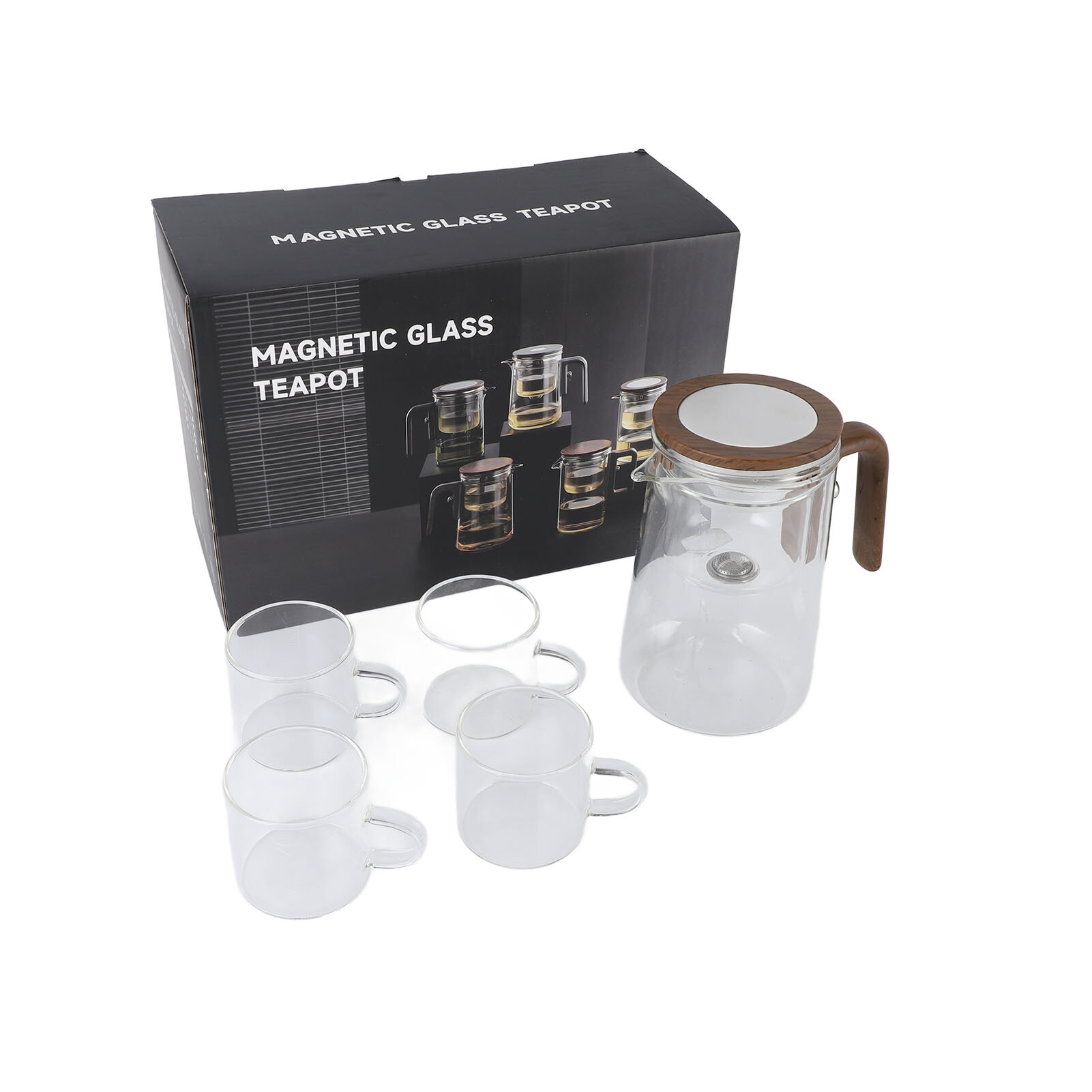 Стеклянный чайник с заварочным устройством, 800 мл, термостойкое боросиликатное стекло, прозрачный чайник One Touch с ручкой, предотвращающей ожоги, чашки для домашнего офиса, круглые 4 чашки