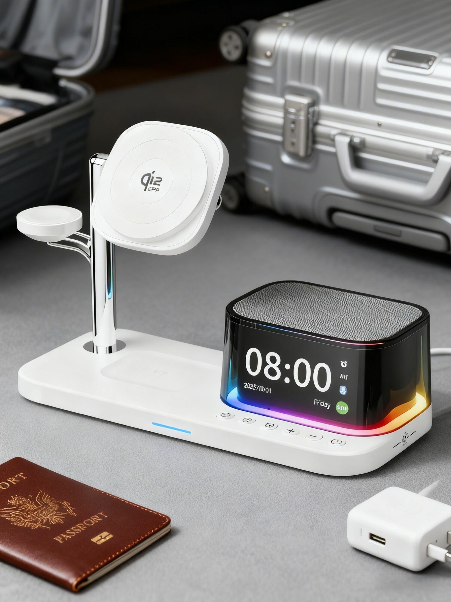 Беспроводная зарядная станция 5-в-1 для iphoneApple Watch AirPods Pro, совместимые с MagSafe, обеспечивают быструю зарядку мощностью 25 Вт со светодиодной подсветкой, аудиосистемой и будильникомGQ