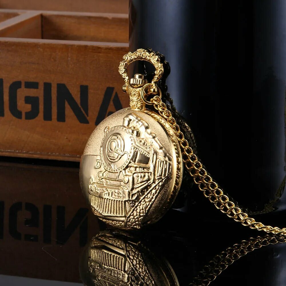 Золотые карманные часы с паровозом, большие, ретро