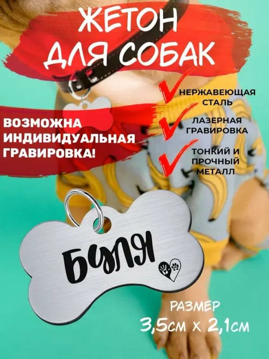 Адресник для собаки с гравировкой, нерж. сталь, серебристый, Буля