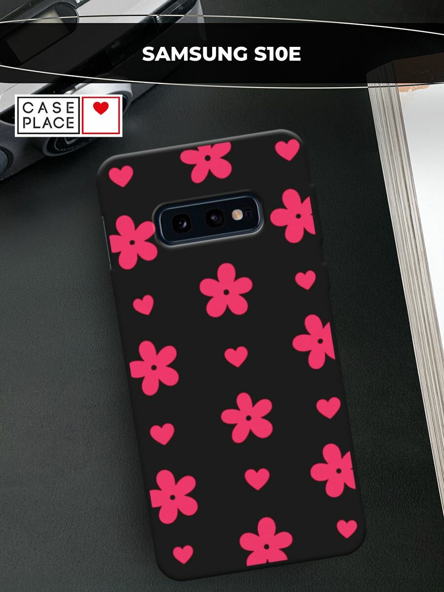 Черный матовый чехол на Samsung Galaxy S10E / Самсунг Галакси S10E с принтом Ярко-розовые цветочки