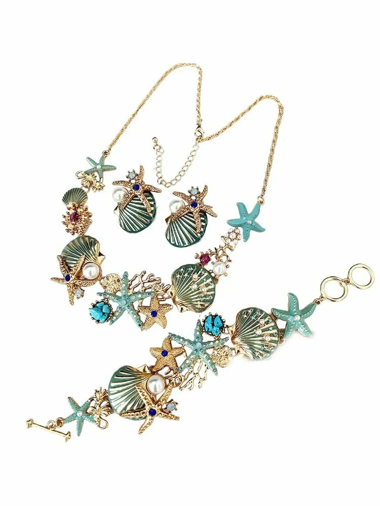 Комплект из четырех частей цепочки с морскими звездами и ракушками - синий - улучшенная версия