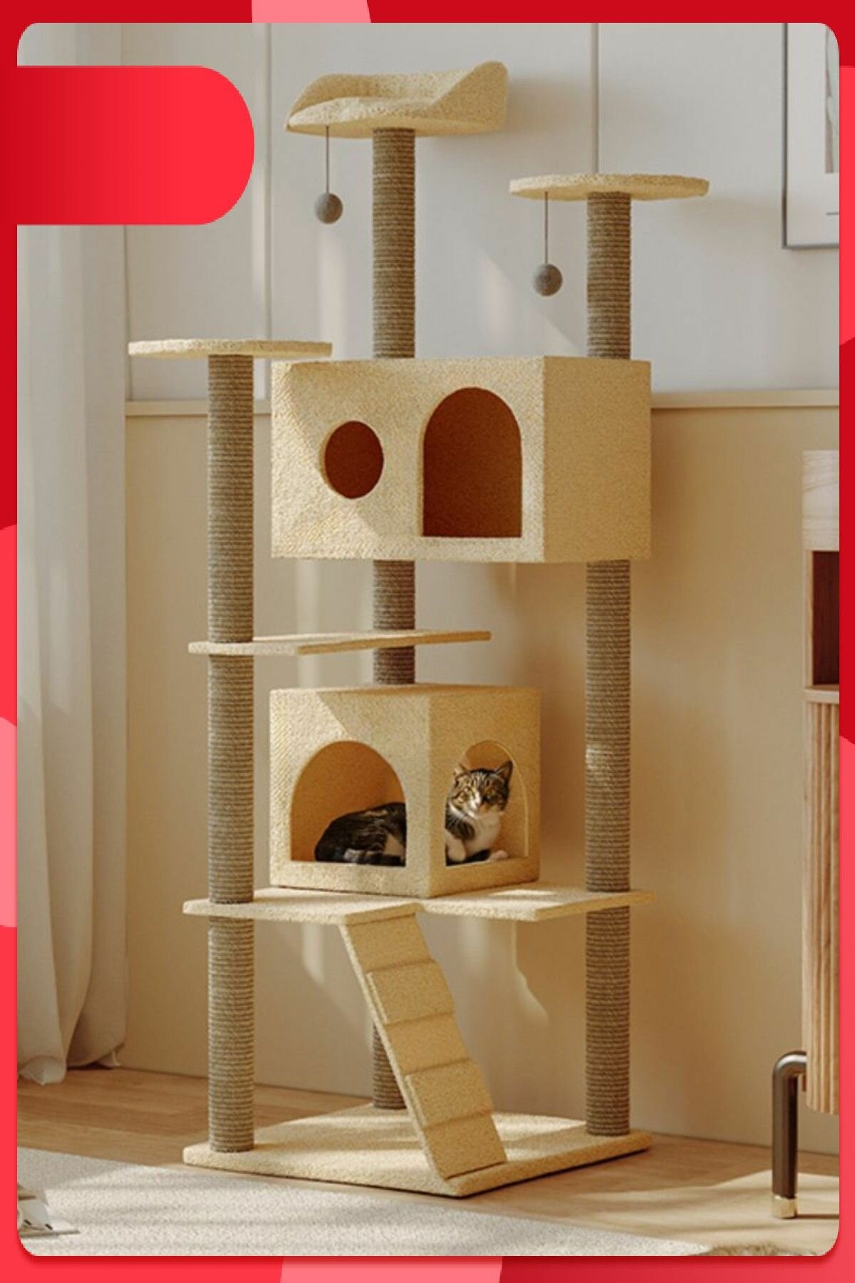 Большой комплекс для кошек, прочный домик-дерево с когтеточкой, для крупных пород (Мейн-Кун, Рэгдолл), многоуровневый, с лежанками