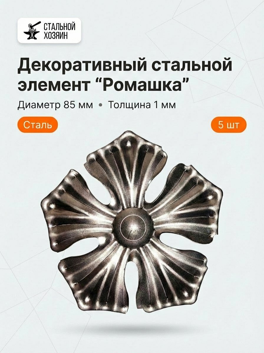 5 шт. Кованый элемент Ромашка стальная. Диаметр 85 мм. Толщина 1 мм