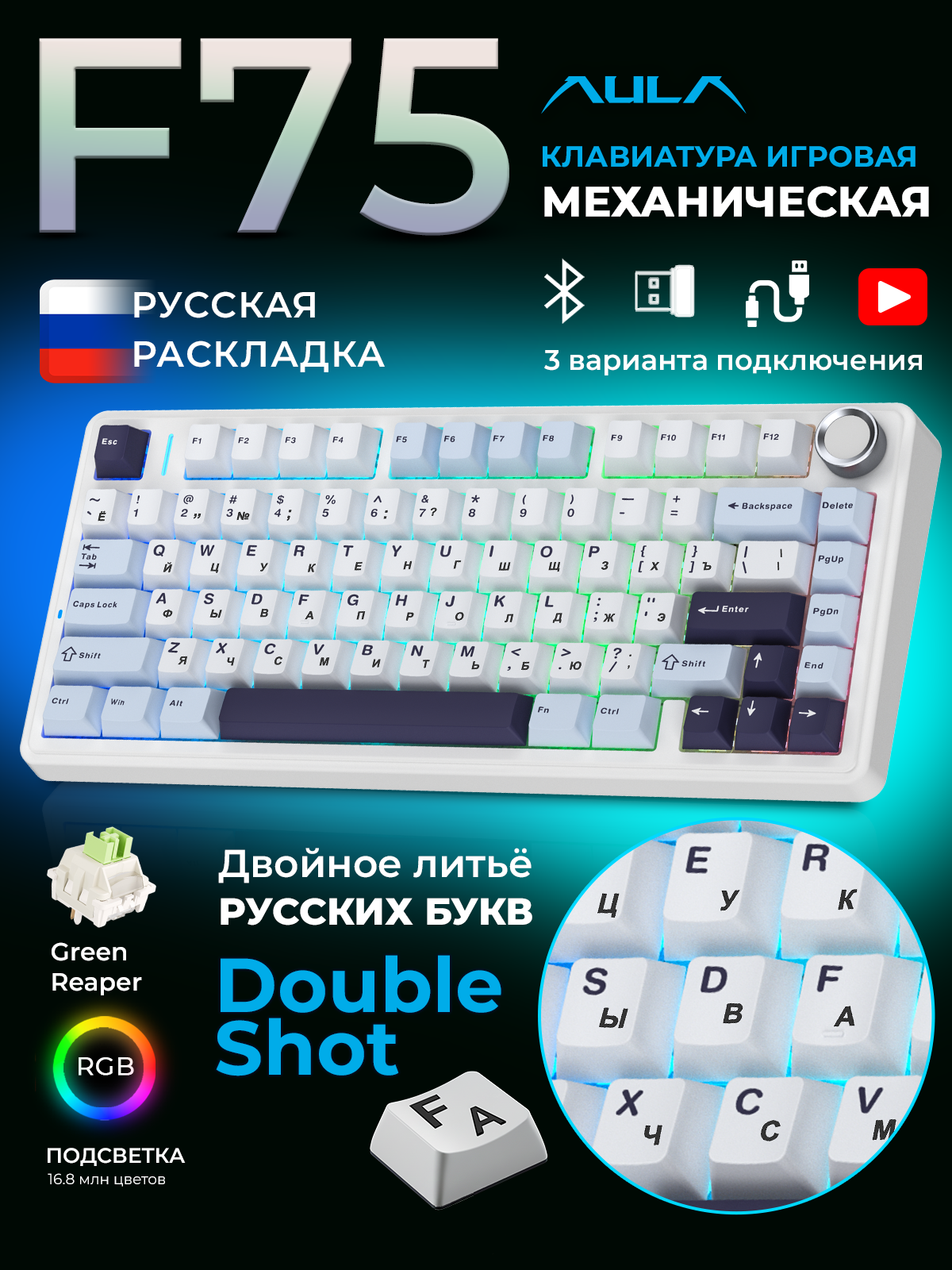 Клавиатура AULA F75 Light Blue-White-Black Purple Reaper Switches Russia, подключение: проводное, Bluetooth, 2.4 Ггц