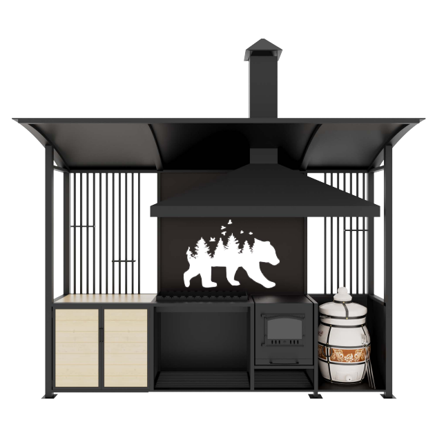 Мангал AL "Аурелий-3", с вытяжкой, мойкой, дровницей, крышей, полками и столиком, сталь, 315х125 см