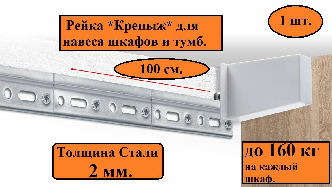 Планка или шина для навеса шкафов и тумб "Крепыж" , 100 см, 1 шт. Толщина 2 мм.