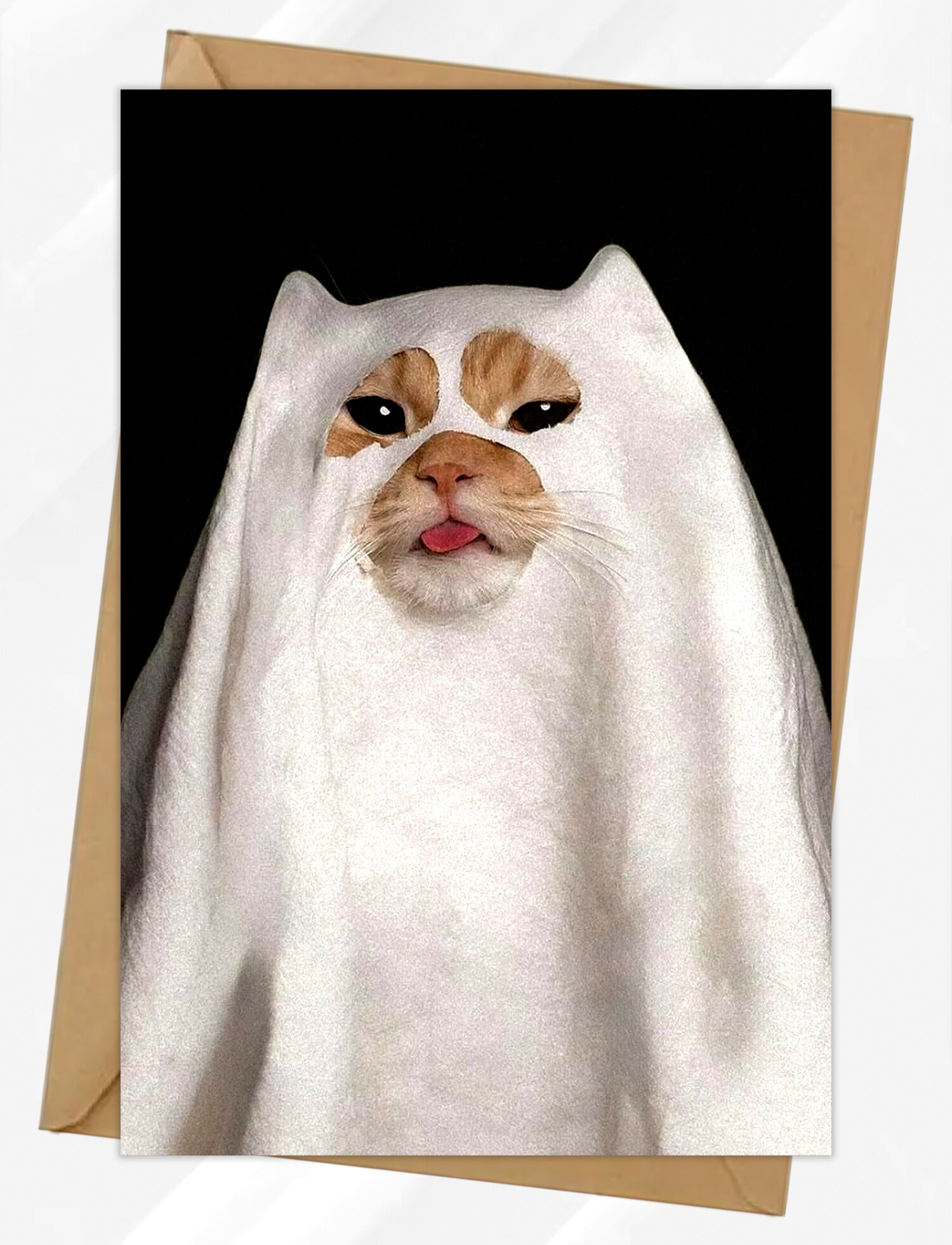 Дизайнерская открытка "Котик привидение" (10х15см, плотная бумага, авторский креатив)