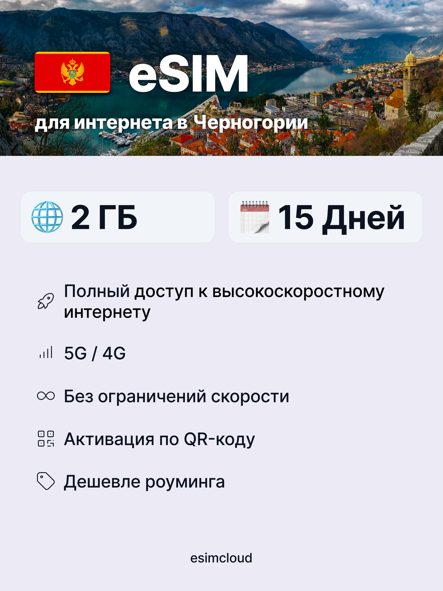 ESIM для Черногории 2 ГБ / 15 дней • Мобильный интернет • Универсальная eSIM • 4G LTE / 5G • Смартфон и планшет