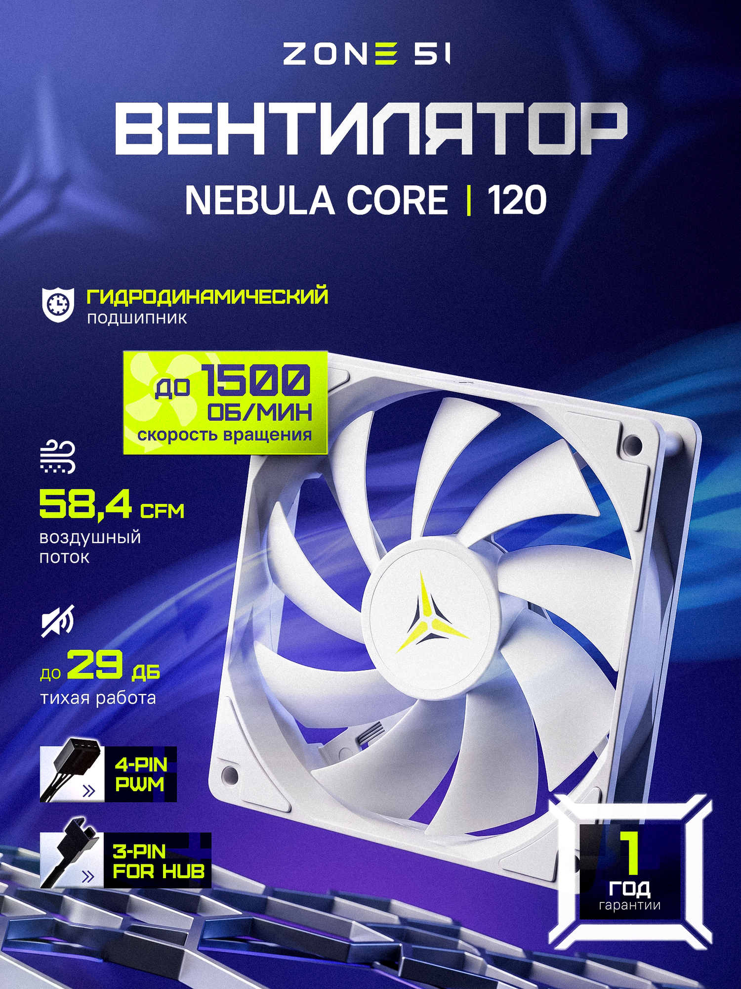 Вентилятор для компьютера ZONE 51 NEBULA CORE 120 White, белый