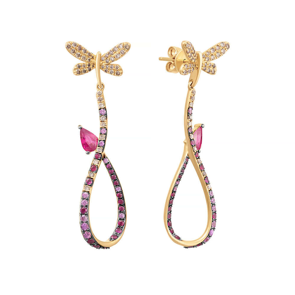 Серьги, красное золото, 585 проба, бриллиант, сапфир, рубин