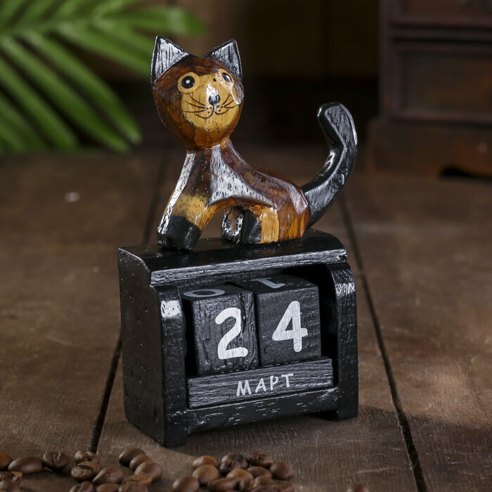 Вечный календарь Sima-land настольный "Котик", 4х7х12 см, деревянный
