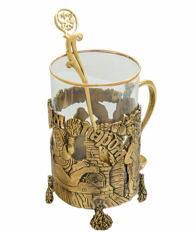 Подстаканник латунный "С Легким паром" в наборе со стаканом и ложкой. Художественное литье