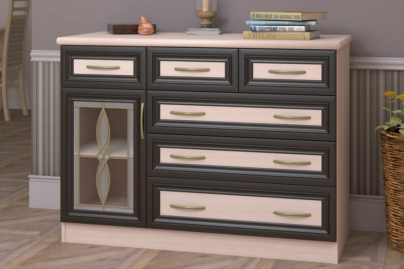 Комод №6 120х50х90 дуб млечный, рамка резная МДФ венге цаво, витражное стекло