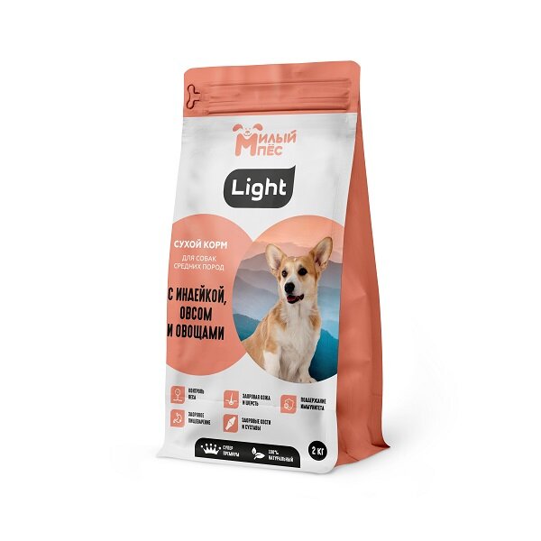 Милый Пёс Сухой корм LIGHT для собак средних пород, Индейка, овес и овощи, 2кг