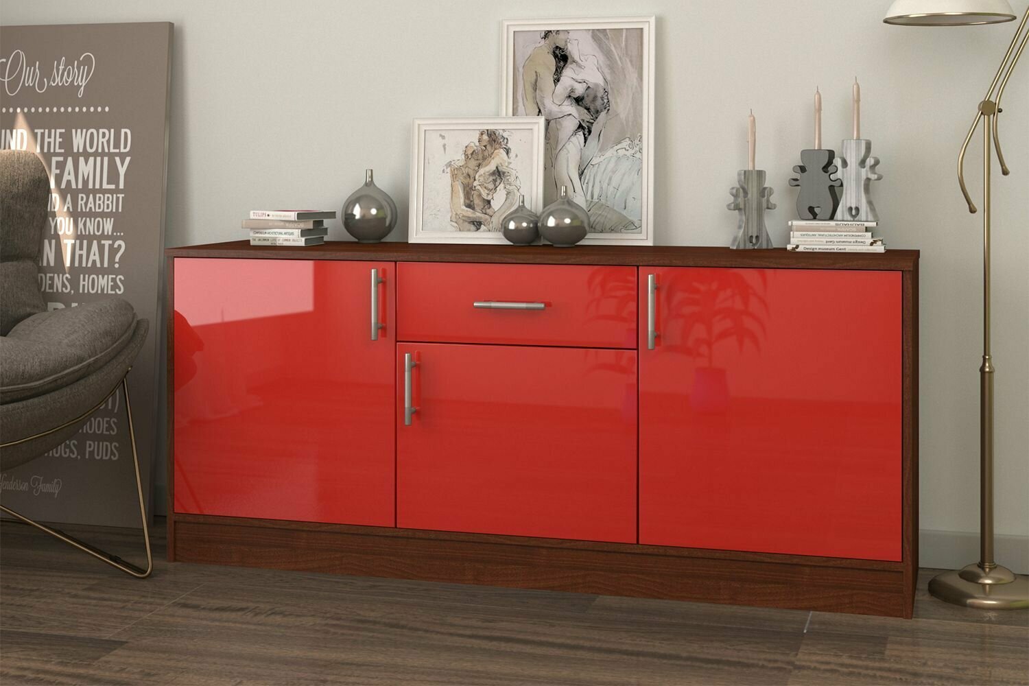 Комод Ричард 1.3 160х42х70 МДФ глянец красный IEYB, корпус ноче мария луиза, 3 дверцы и ящик