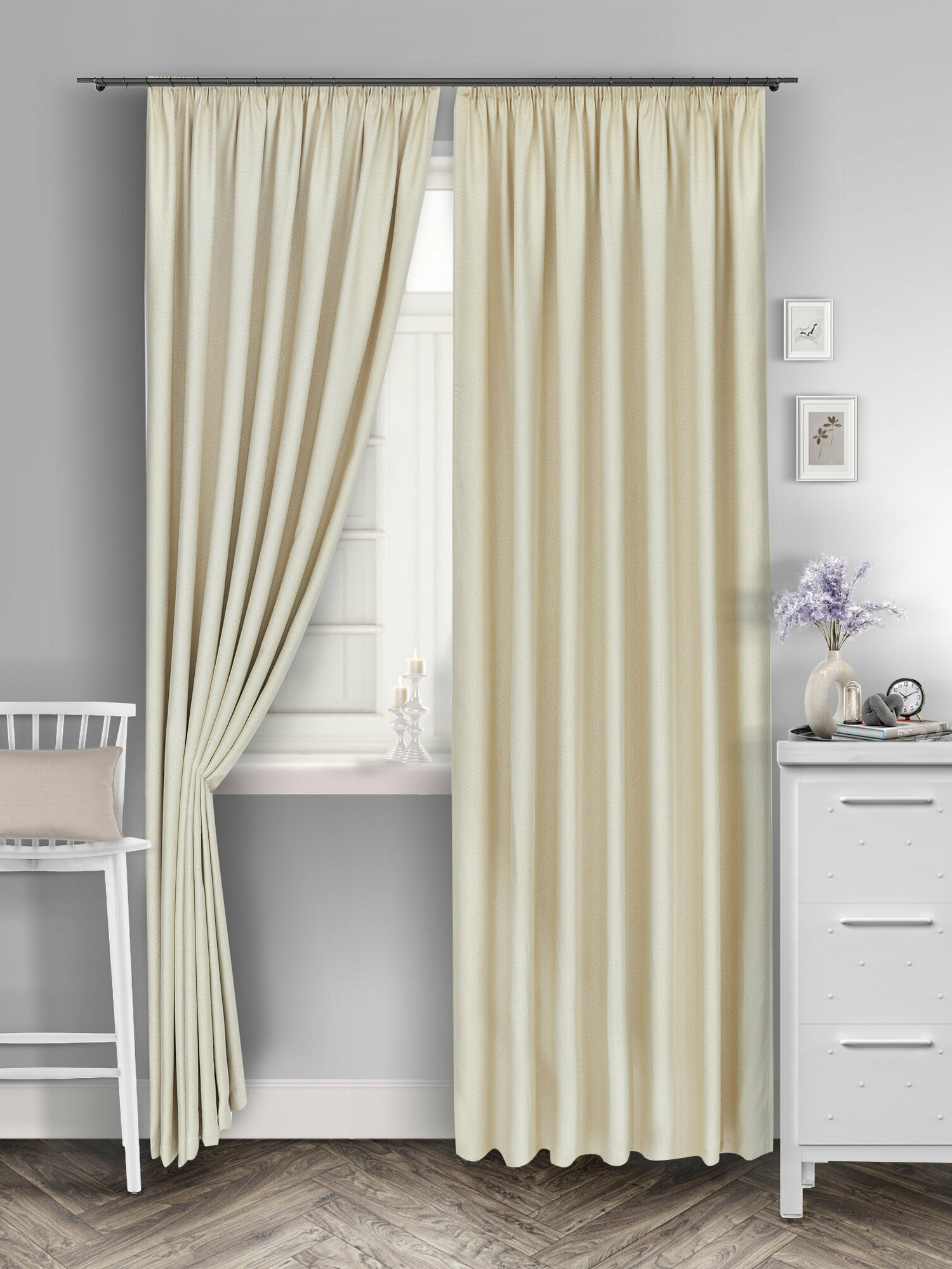 Комплект штор для комнаты блэкаут рогожка , две портьеры общей шириной 400 см и высотой 250 см, молочный цвет