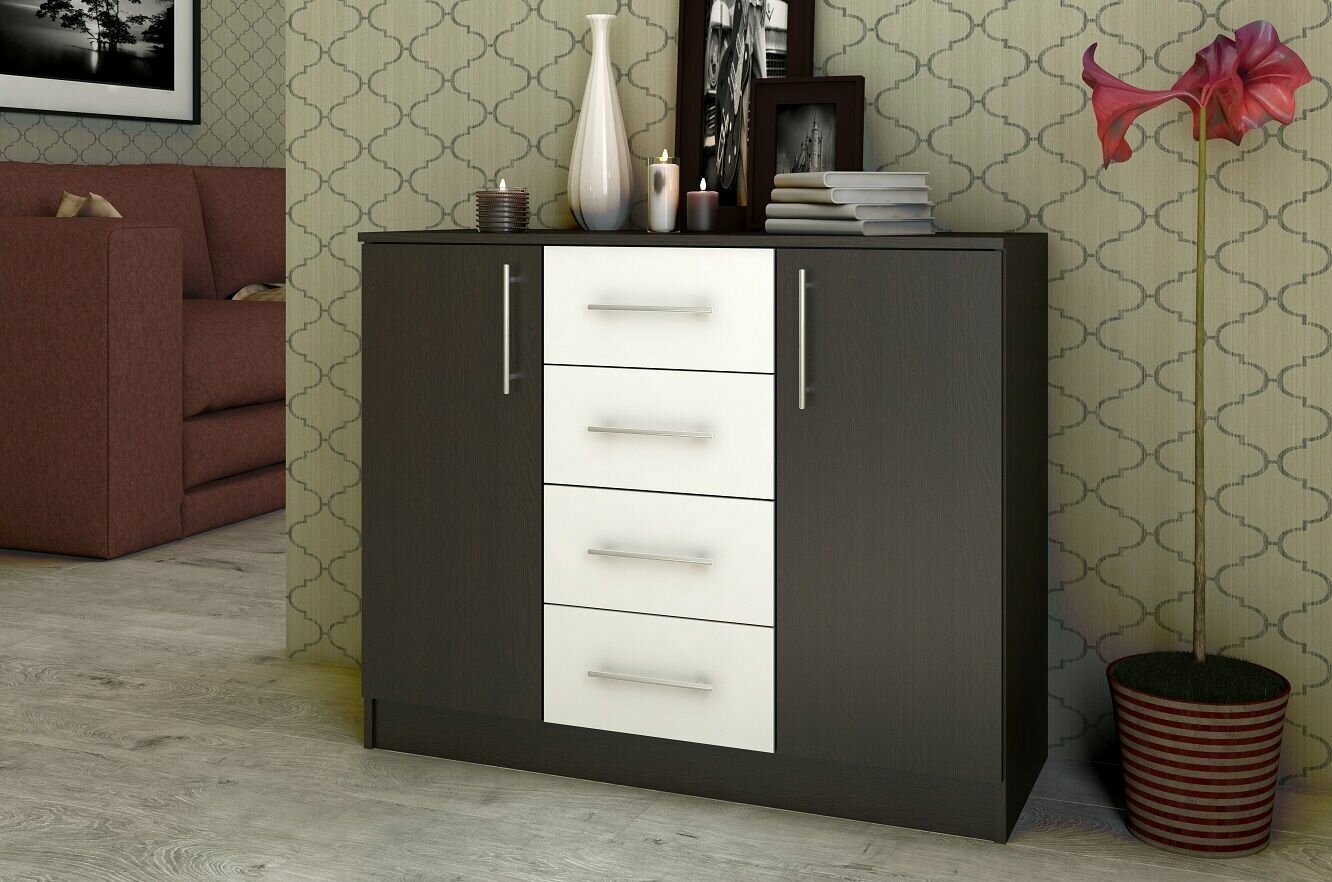 Комод Контраст 8 ЛДСП 110х44х90 венге цаво/белый гладкий, 4 ящика и 2 дверцы