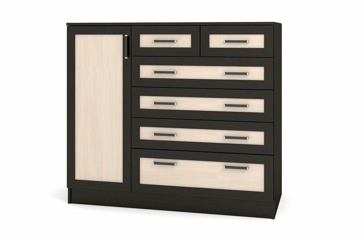 Комод К-9 120х50х108 венге цаво, дуб млечный, рамка квадро, 6 ящиков и дверца слева